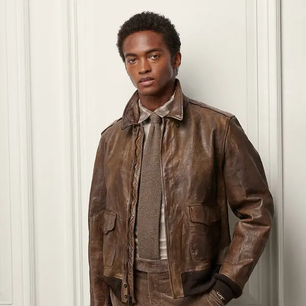 Ralph Lauren Ridley Leather Bomber Jacket In Vintage Brown - 35